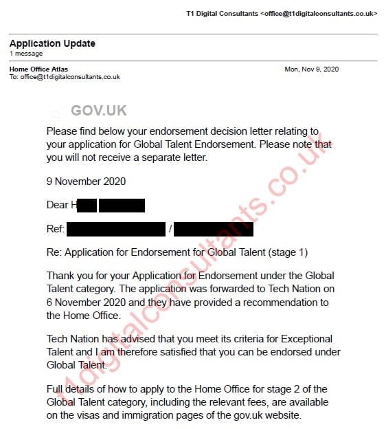 Successful Global Talent Visa endorsement approval for a talented ...